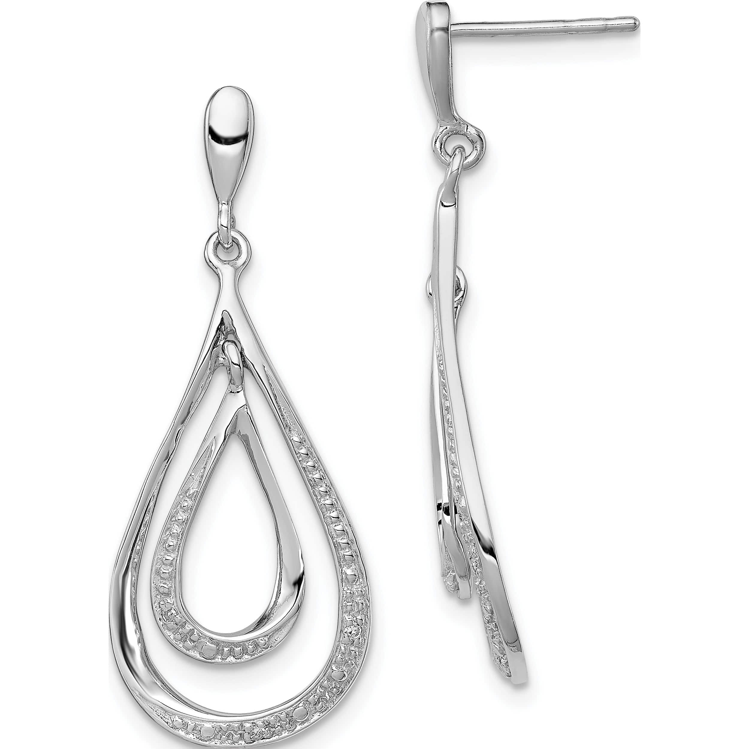 Sterling Silver Rhodium Plated Diamond Post Dangle Earrings (34 X 13 ...