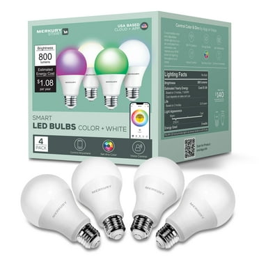 Merkury Smart LED Bulb - 9W (60W Eqv) RGBW Dimmable A19 Light, E26 Base ...