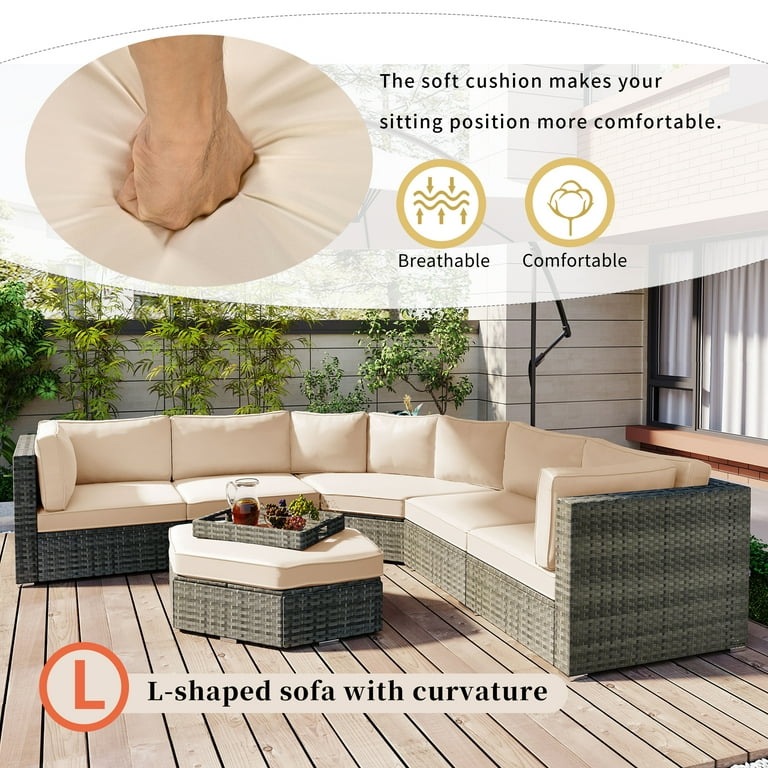 Euroco 1100lbs Patio Set Half Moon All Weather Wicker Sofa with Ottoman and No Slip