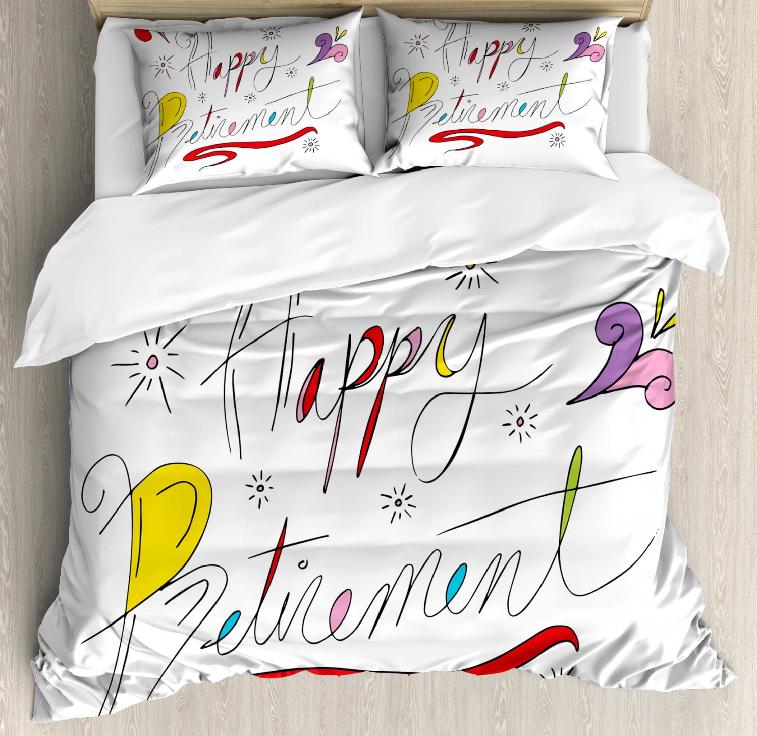 Retirement Party Queen Size Duvet Cover Set, Colorful Hand-Drawn Doodle ...