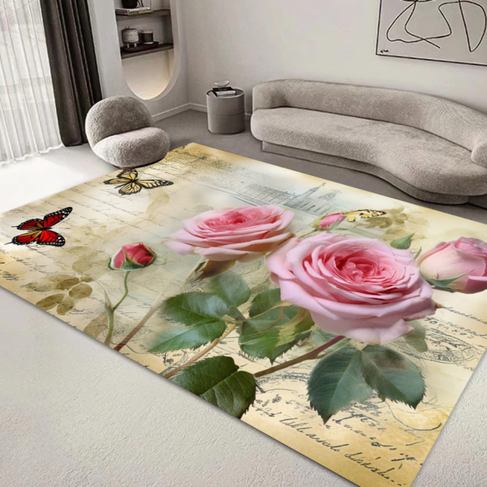 Pink Rose Area Rug Ultra Soft Area Rug Non-Slip Vintage Washable Throw ...