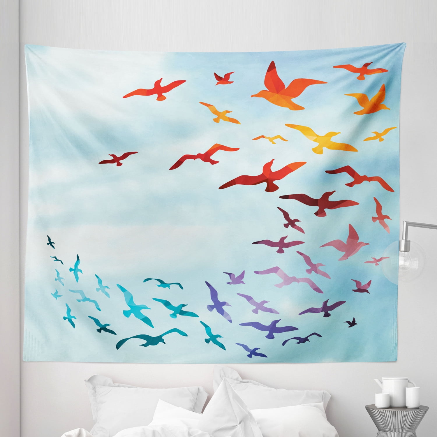 Bird Tapestry, Colorful Illustration of Flying Birds Against Clear Sky ...
