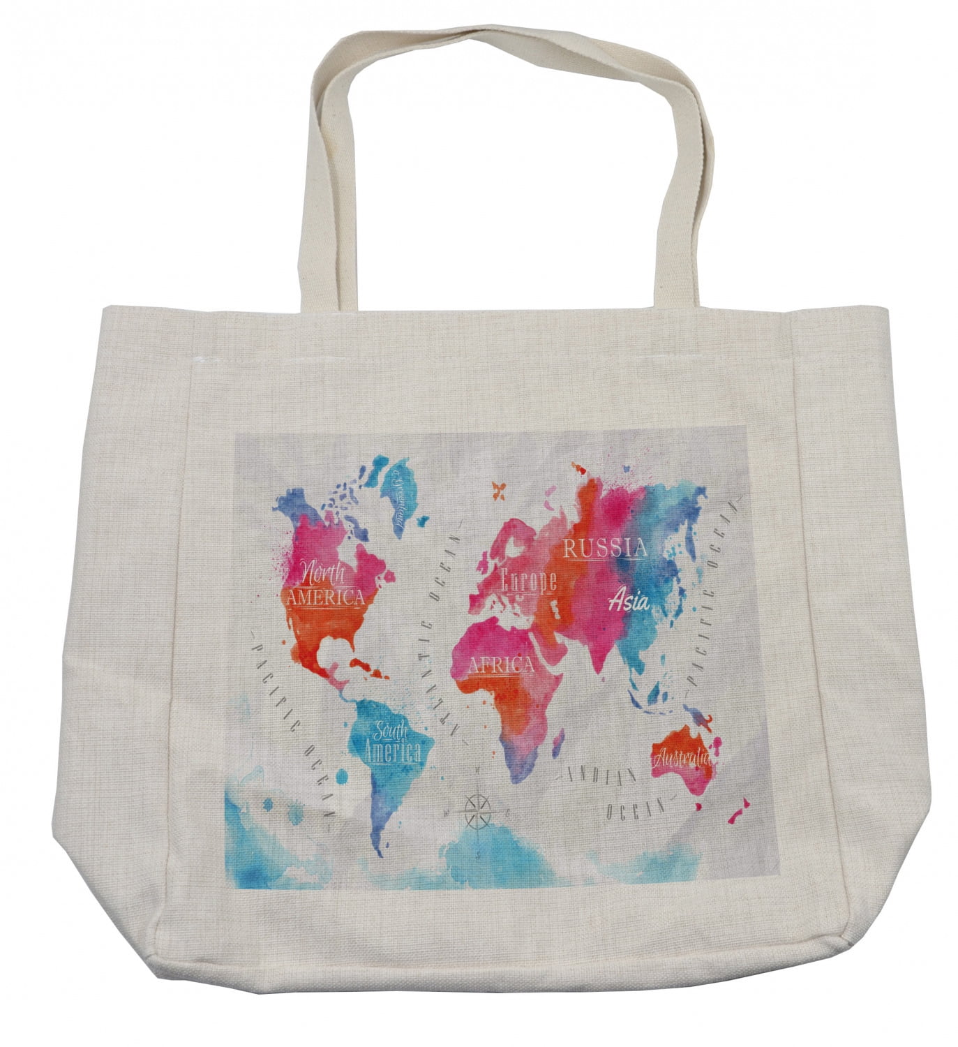 Geography Shopping Bag, Watercolored World Map Continent and Ocean ...