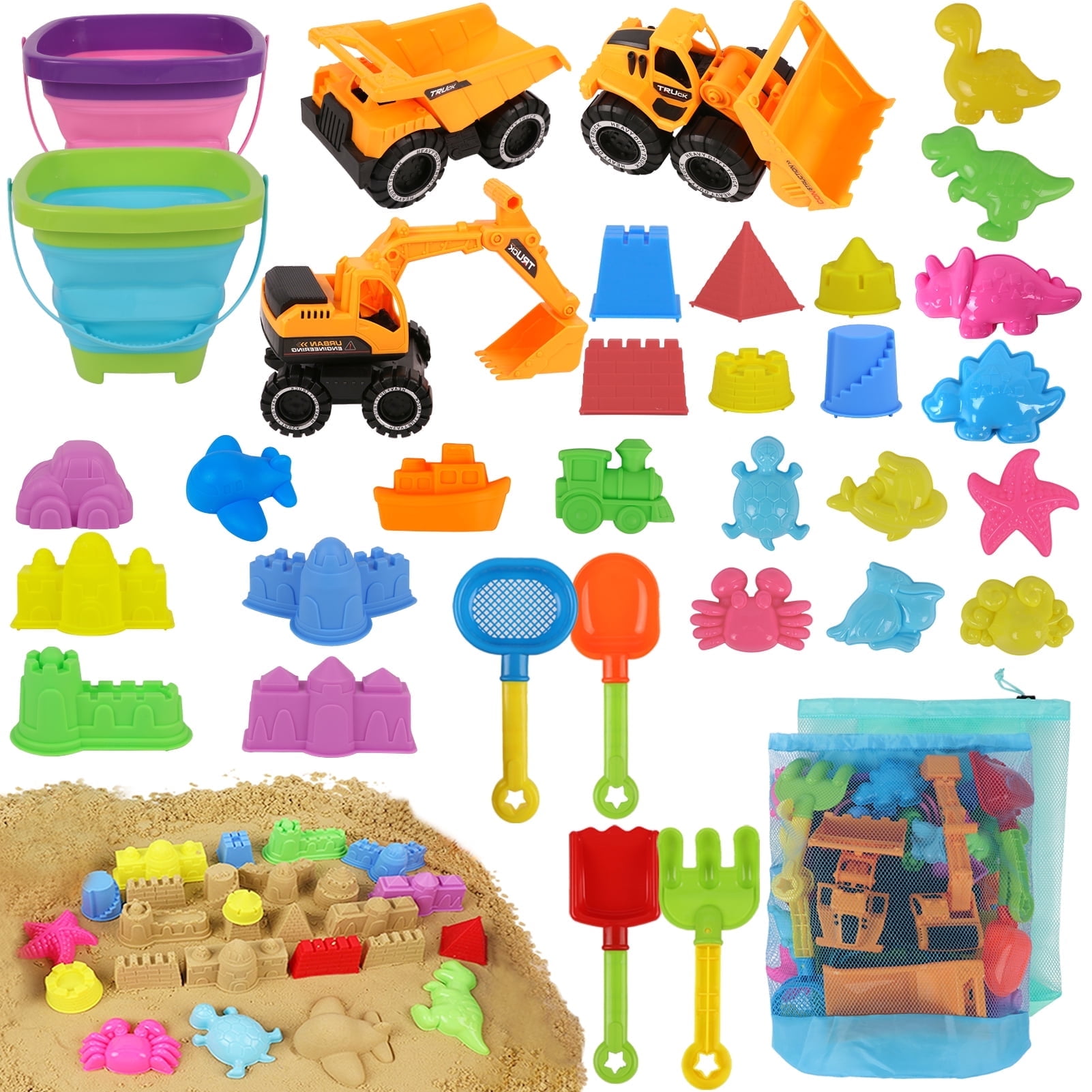 GRM Sand Toys, 35Pcs GRM, Sandbox Toys with 3 Truck 2 Collapsible Beach ...