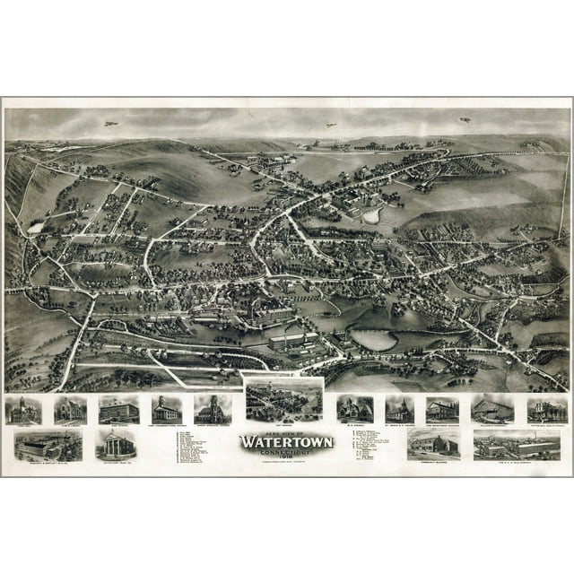 24"x36" Gallery Poster, Aero view map of Watertown, Connecticut 1918 ...
