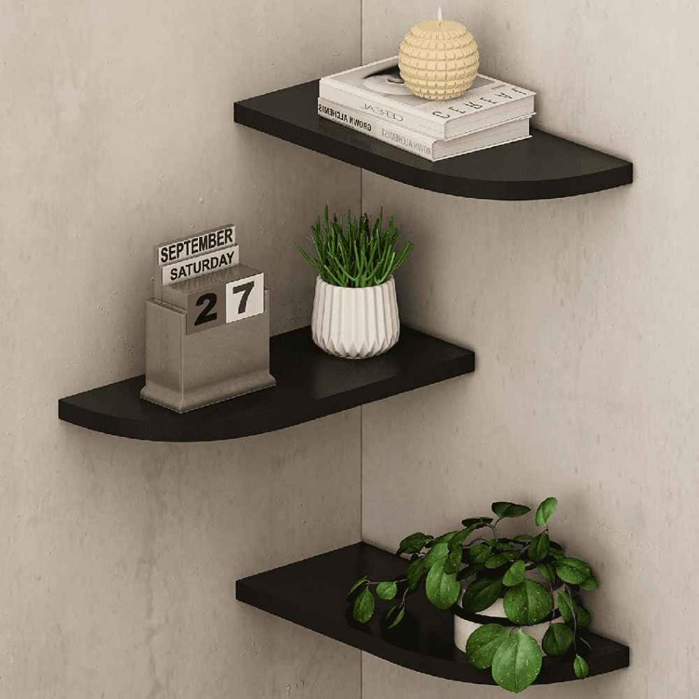 Floating Corner Shelves Wall Mounted Display Shelf Set of 3, Black Wood ...