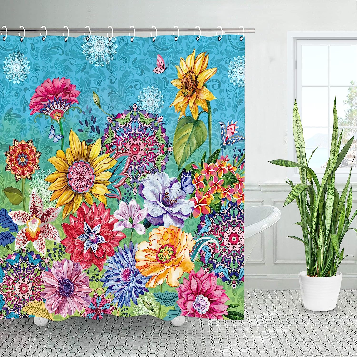 Joocar Boho Floral Shower Curtain Colorful Shower Curtain With 12