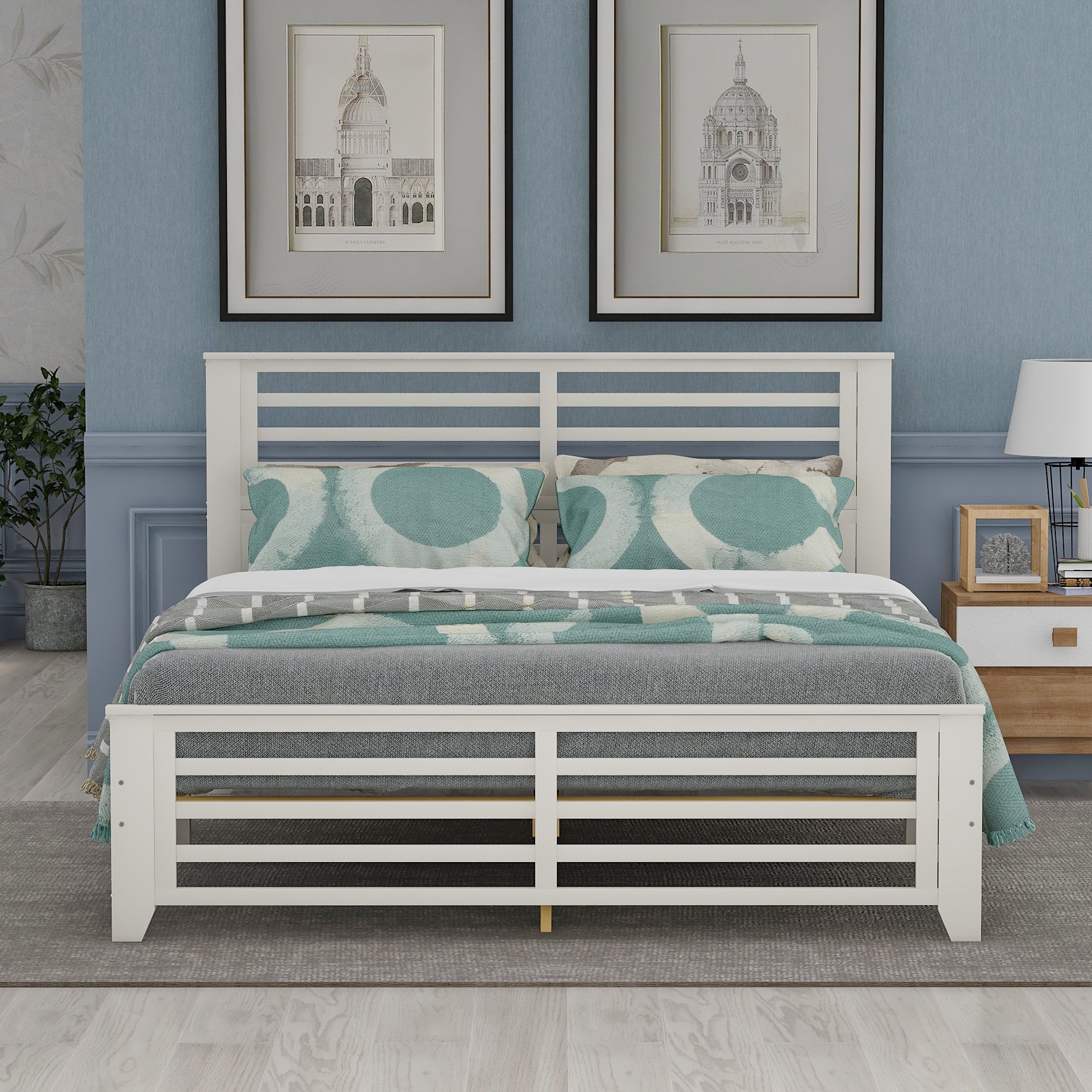 White Queen Bed Frame, Queen Size Wood Platform Bed Frame with ...