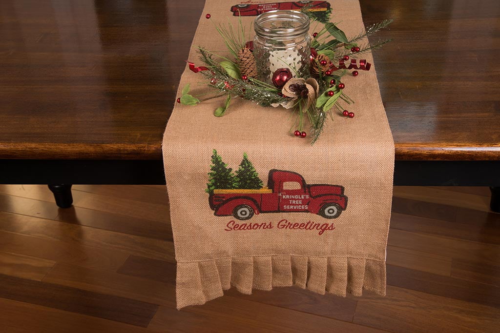 42" Tan Table Runner with Ruffled Ends and Rustic Red Truck Delivering ...