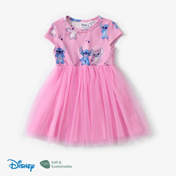 Disney Stitch Toddler Girls Dresses with Mesh Graphic Short Sleeves ...