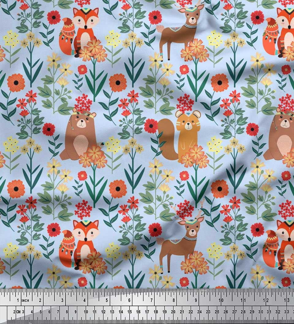 Soimoi Satin Silk Fabric Leaves,Floral & Cute Animals Cartoon Printed ...