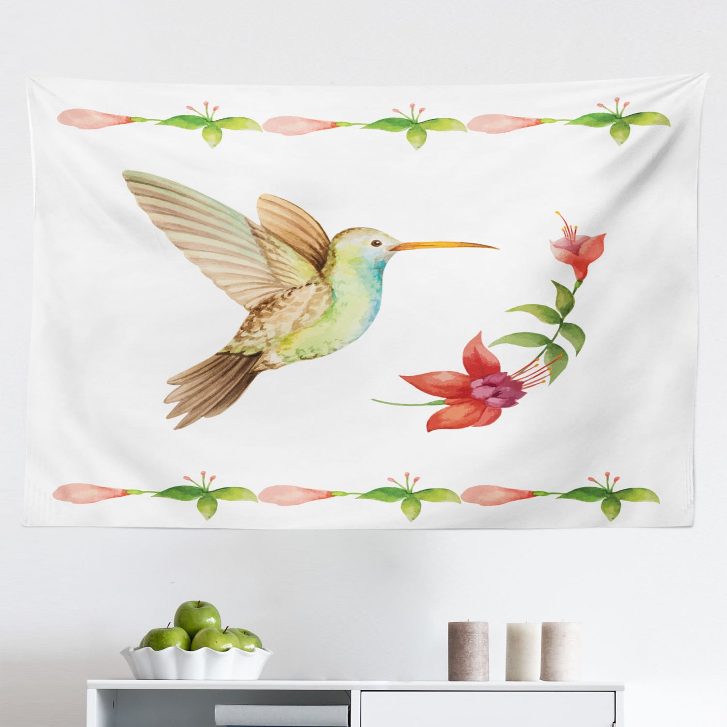 Hummingbird Tapestry, Flowers Leaves Bird and Classic Patterns Curvy ...