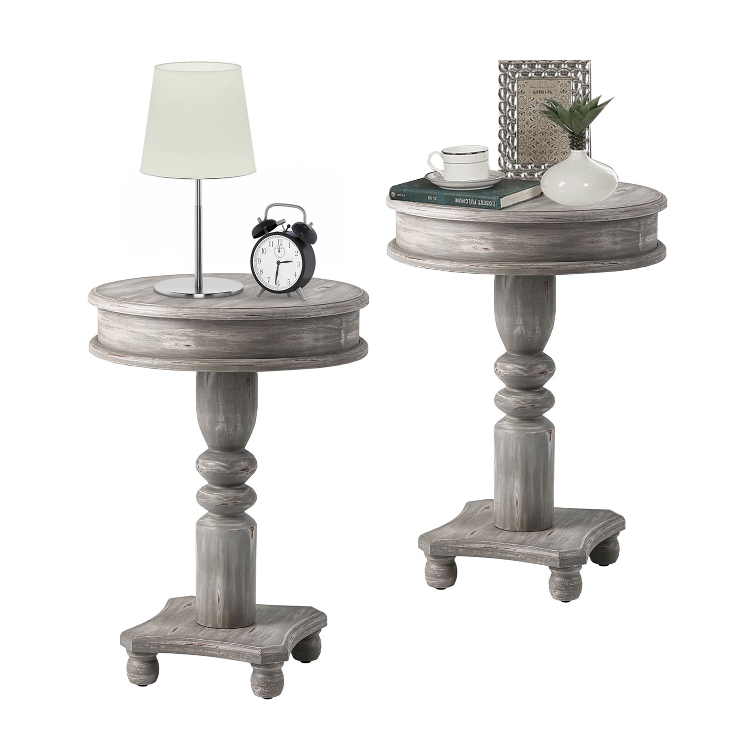 COSIEST 2PCS Grey Accent Side Table Wood Pedestal Table Round End Table ...