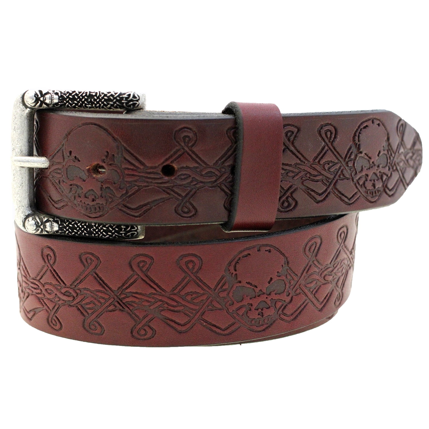 Mens 1 1/2 Burgundy Latigo Leather Belt Skull Design Matching Buckle ...