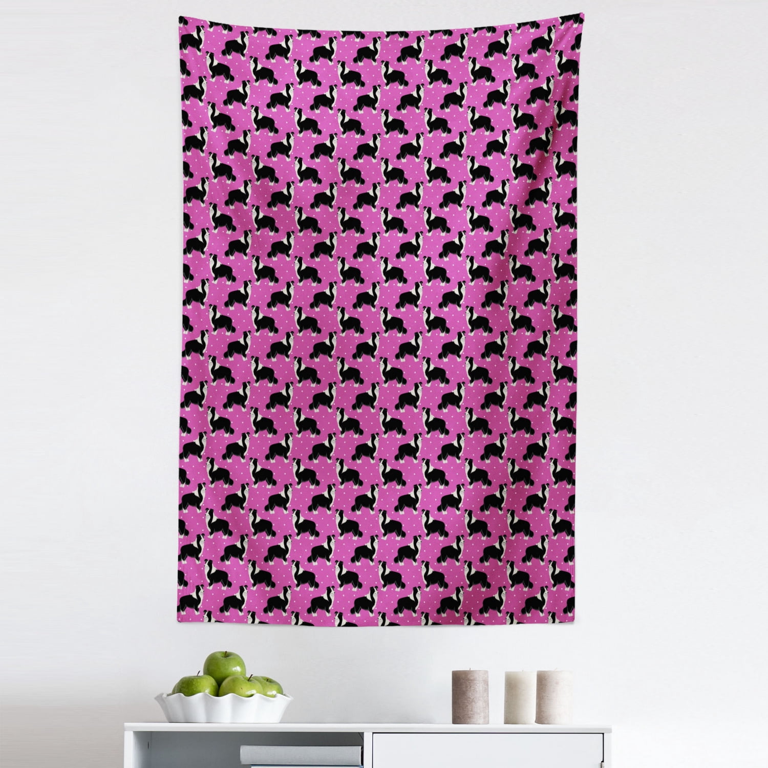 Pink Polka Dots Tapestry, Furry Collie Dog Silhouettes on a Background ...