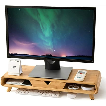 2 Tier Bamboo Monitor Stand No Assembly Exquisite with Drawer Ergonomic ...