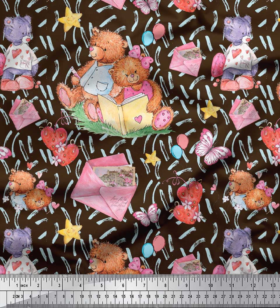 Soimoi Brown Heavy Satin Fabric Teddy Bear & Hearts Kids Printed Fabric ...