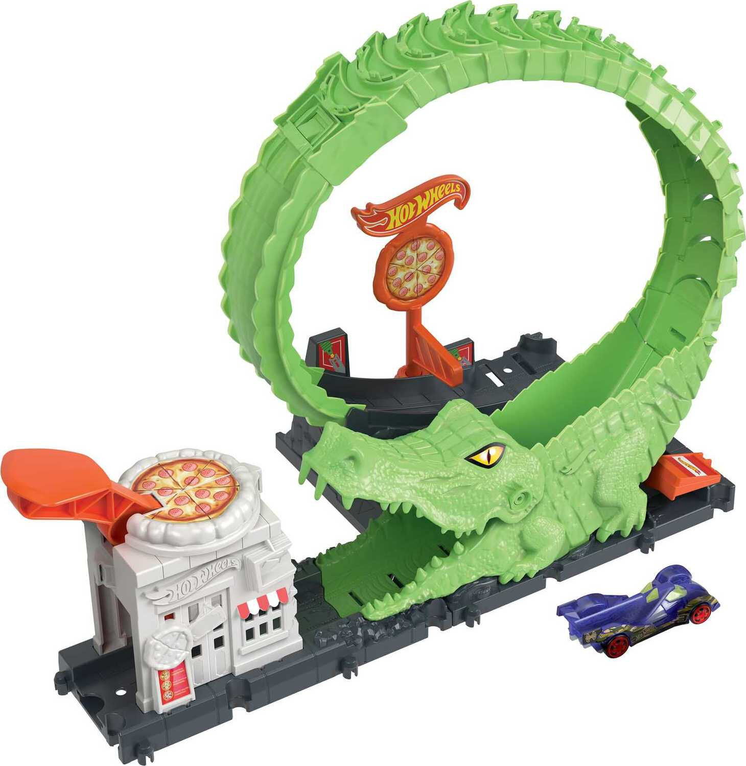 Hot Wheels Gator Loop Pizza Place Playset, Track Set with 1 Toy Car ...
