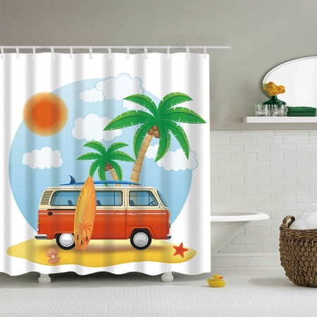 Coach Fabric Shower Curtain with 12 Hooks Island Coconut Tree Blue Sky ...