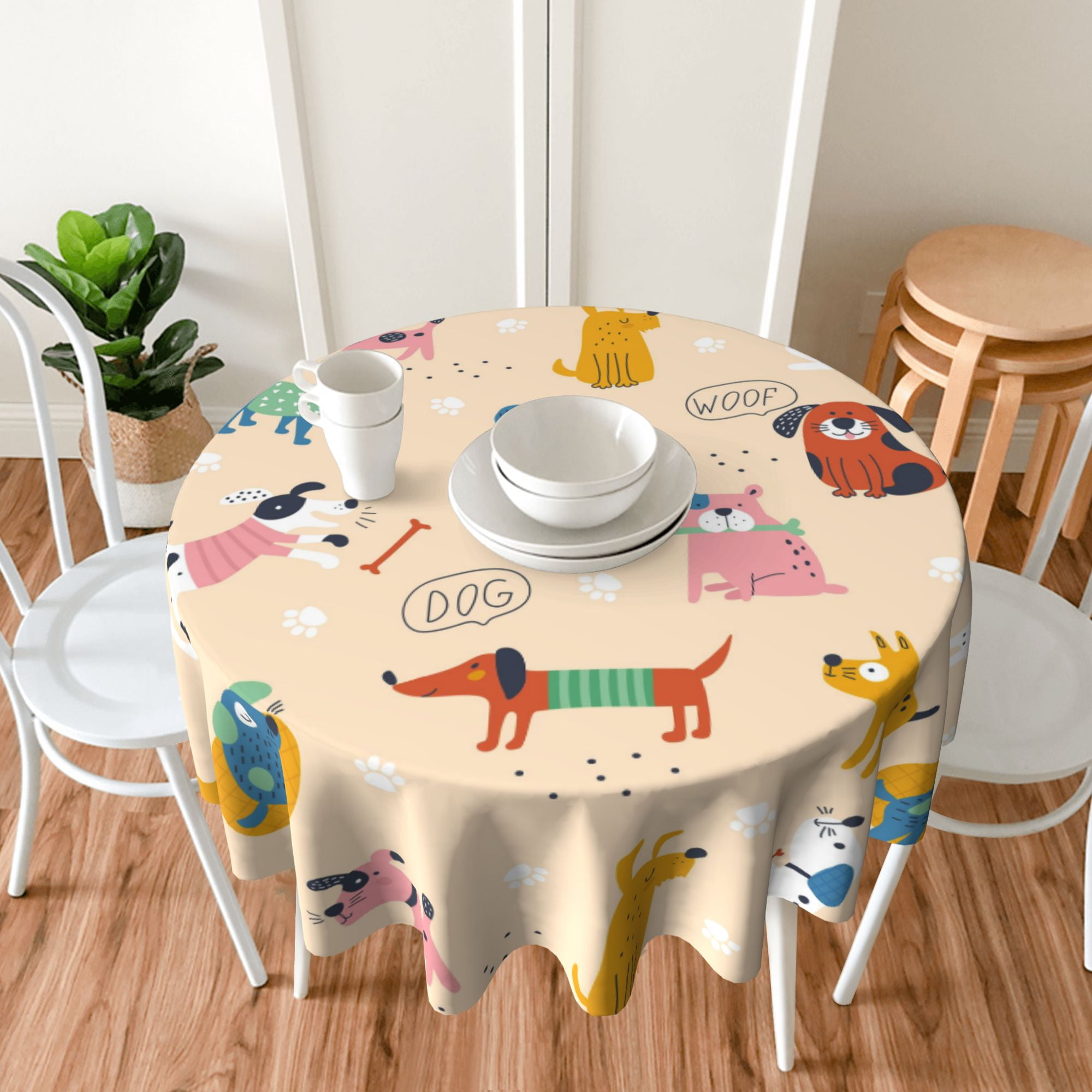 TEQUAN 60" Round Tablecloth, Cute Dogs Funny Puppy Pattern Washable ...