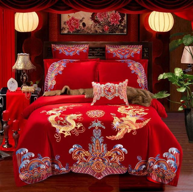 Luxury Gold Phoenix Loong Embroidery Bedding Set Chinese Style Wedding