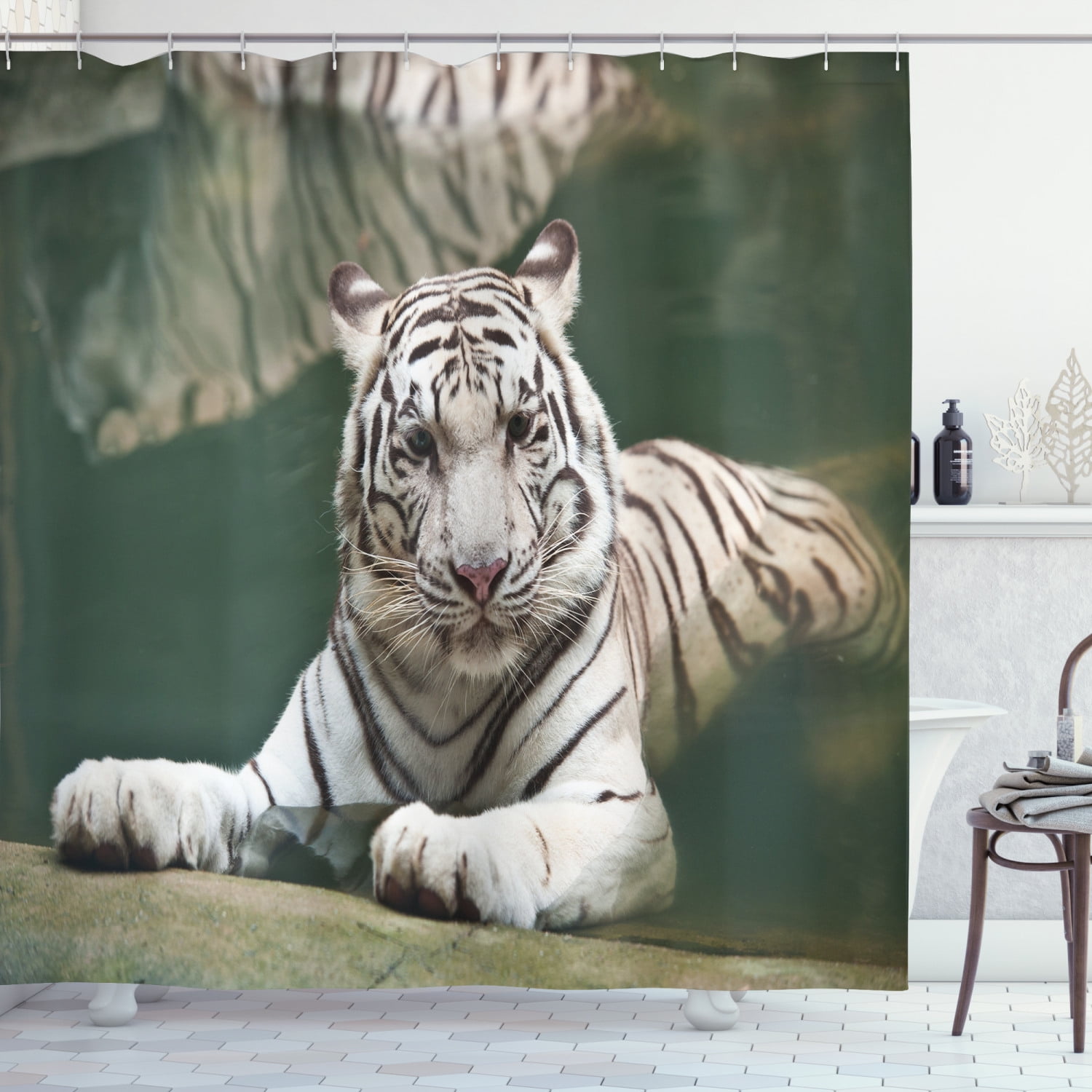 Ambesonne Tiger Shower Curtain, White Tiger Swimming Fun, 69"Wx70"L ...