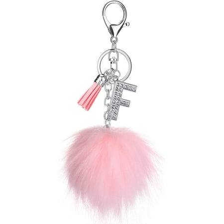 Pink Metal Alphabet Keychains Rhinestone Keyring with Artificial Fur ...