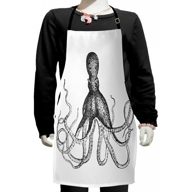Octopus Kids Apron, Monochrome Marine Animal Tentacles in Sketch ...