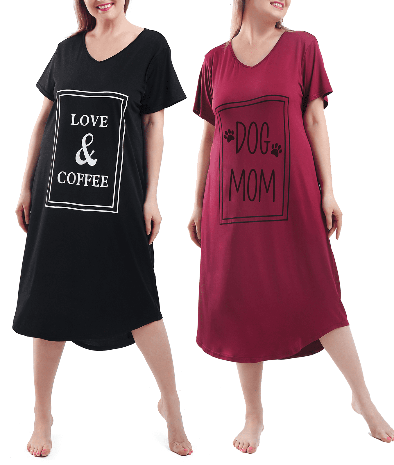 FEREMO 2 Pack Plus Size Nightgowns for Women V Neck Short Sleeve ...