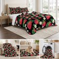 68x98in Quilt Bedding Set, Red Strawberry Litter Flower Leaves on Black ...