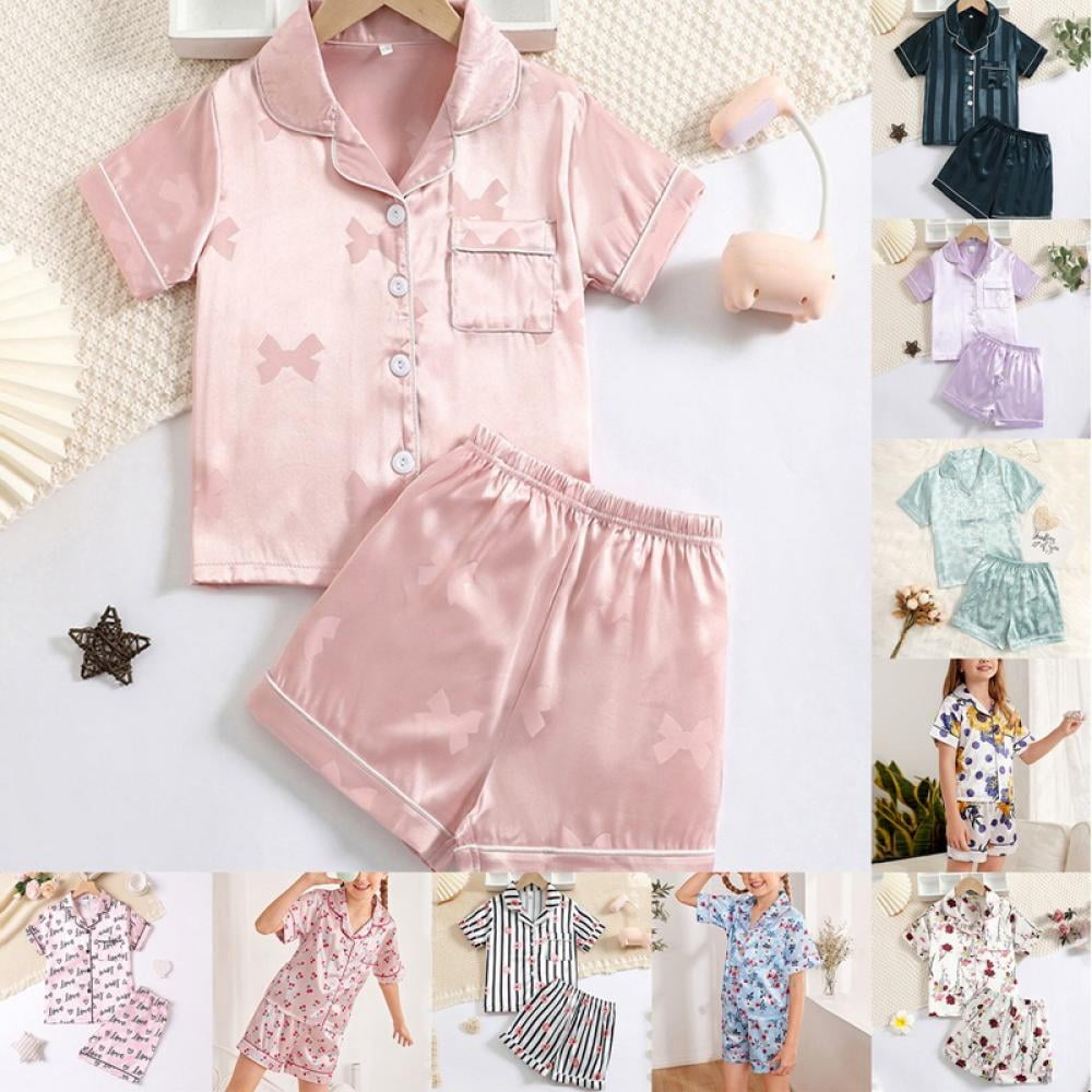 GYRATEDREAM Kids Satin Pajamas Set, Short Sleeve Button-Down Sleepwear ...