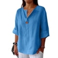 Button Down Shirts for Women 3/4 Sleeve Boho Linen Cotton V Neck Tops ...