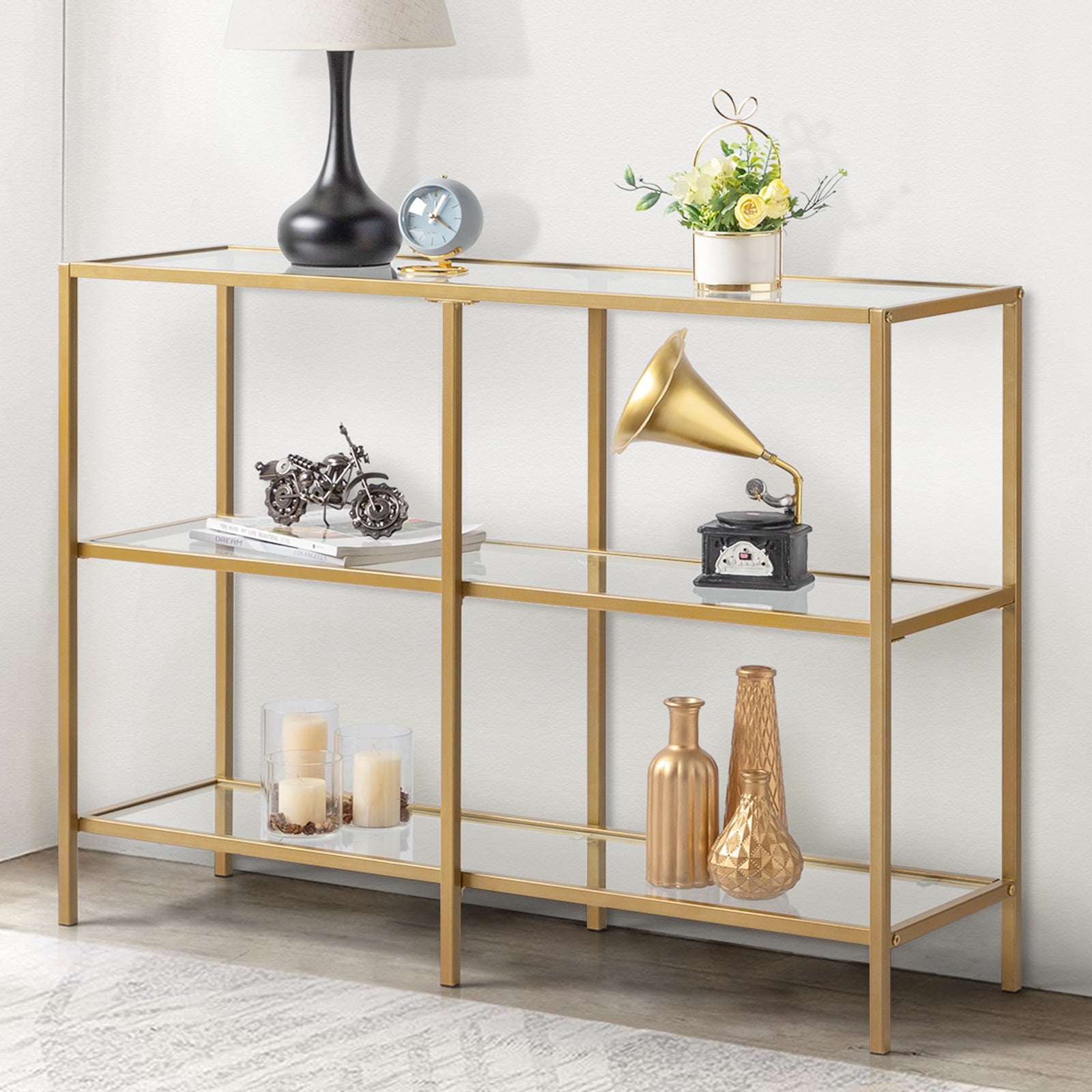 UWR-Nite 39.4” Console Sofa Table with 3 Shelves, Metal Frame, Tempered ...