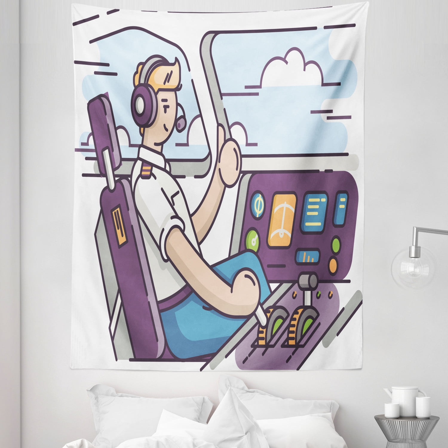 Airplane Cockpit Tapestry, Pastel Aircraft Pilot Doing OK Gesture ...