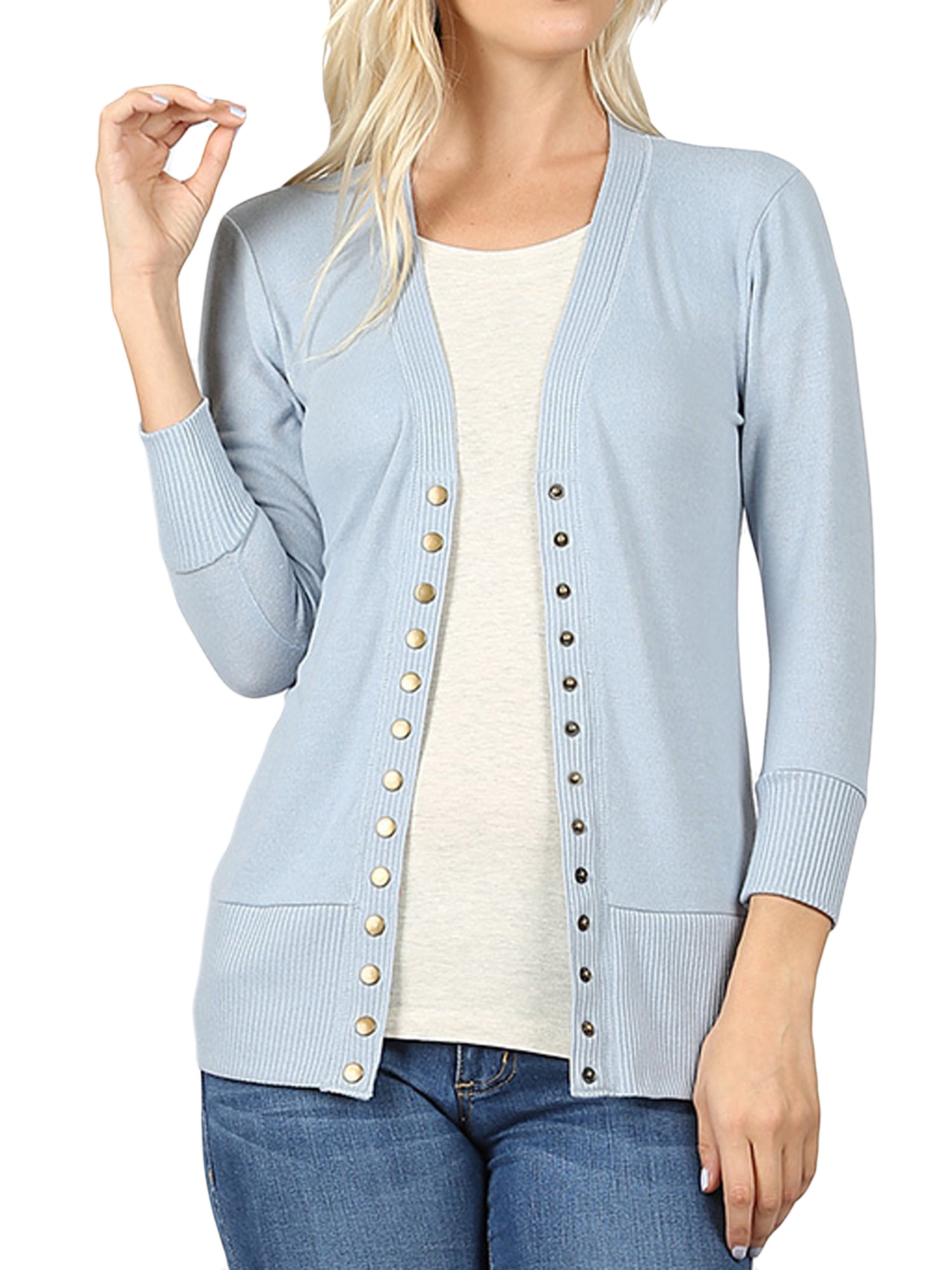 Women Classic Thin Snap Button Front V-Neck Button Down 3/4 Sleeve ...