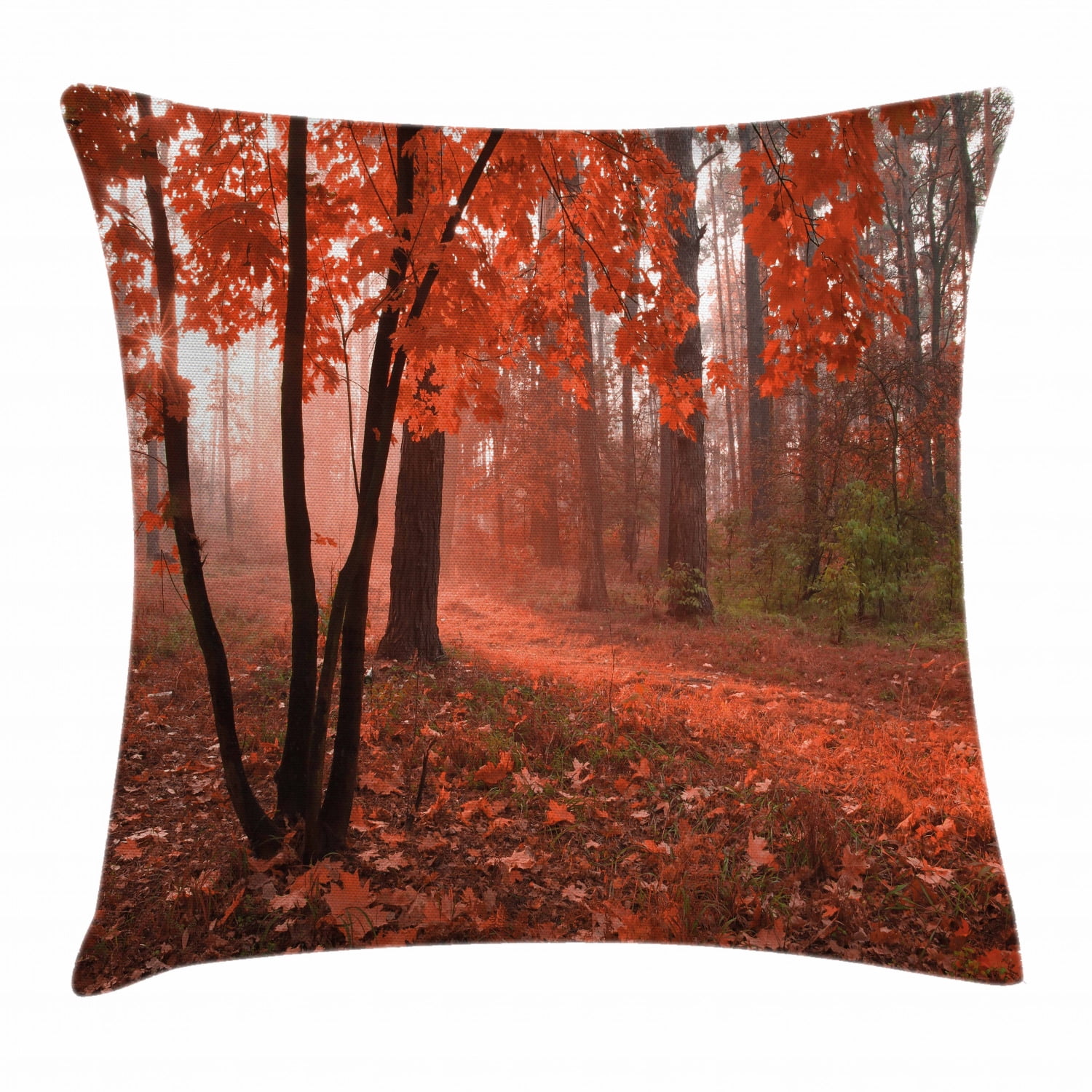 Fall Decorations Throw Pillow Cushion Cover, Misty Forest with Leaves ...