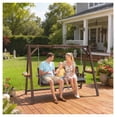 3 Seat Porch Swing with Stand, Wooden Patio Swing with Cushion, Outdoor ...