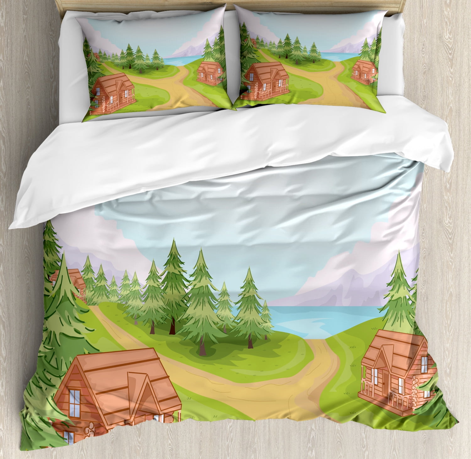 Log Cabin Duvet Cover Set King Size, Countryside Theme Sketch of a ...