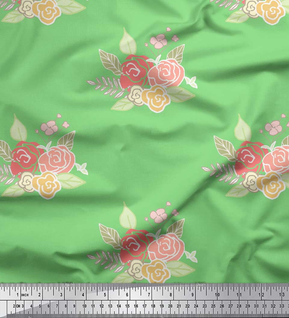Soimoi Green Silk Fabric Flower & Leaves Watercolor Print Fabric by ...