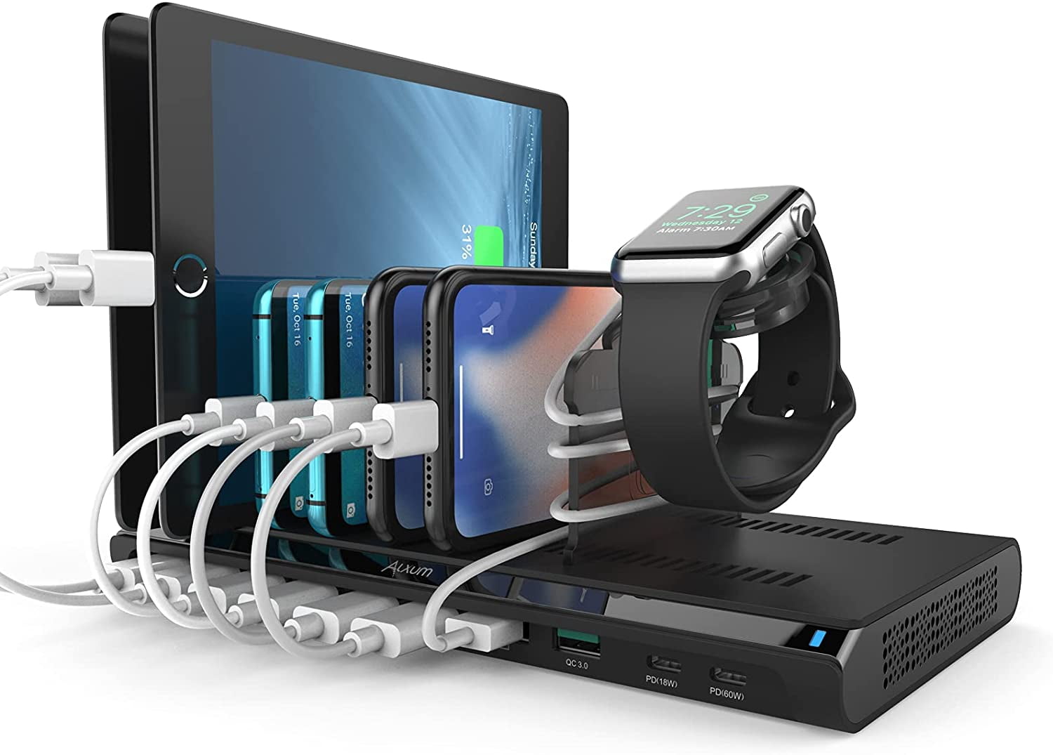 Alxum 120w 10 Port Charging Cradle with 6 USB-A Chargers 2 Qc3.0 2 PD ...