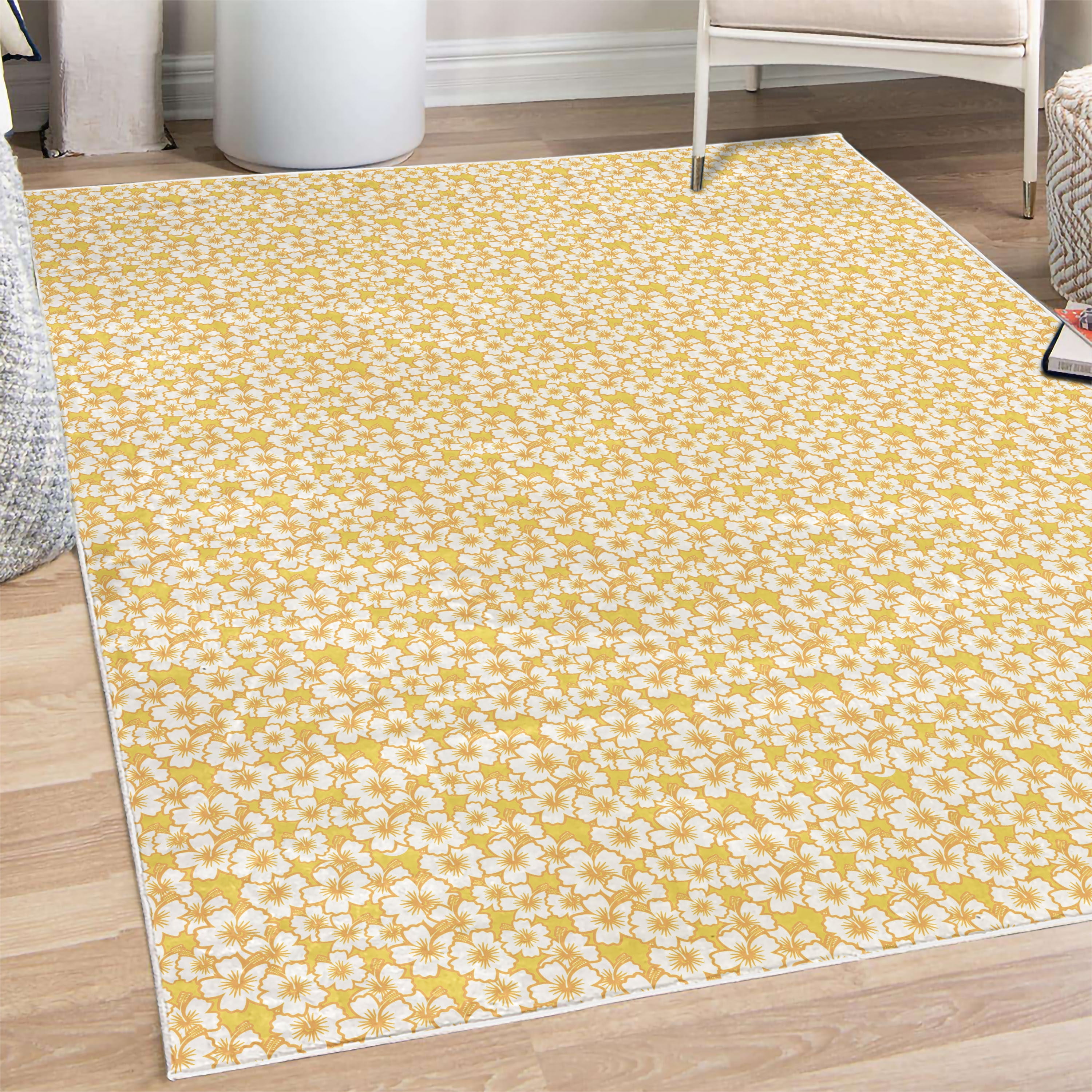 Luau Decorative Rug, Flourish Pattern with Blossoming Hibiscus Flowers ...