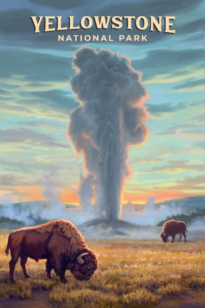 Yellowstone National Park, Wyoming, Oil Painting, Old Faithful Eruption ...