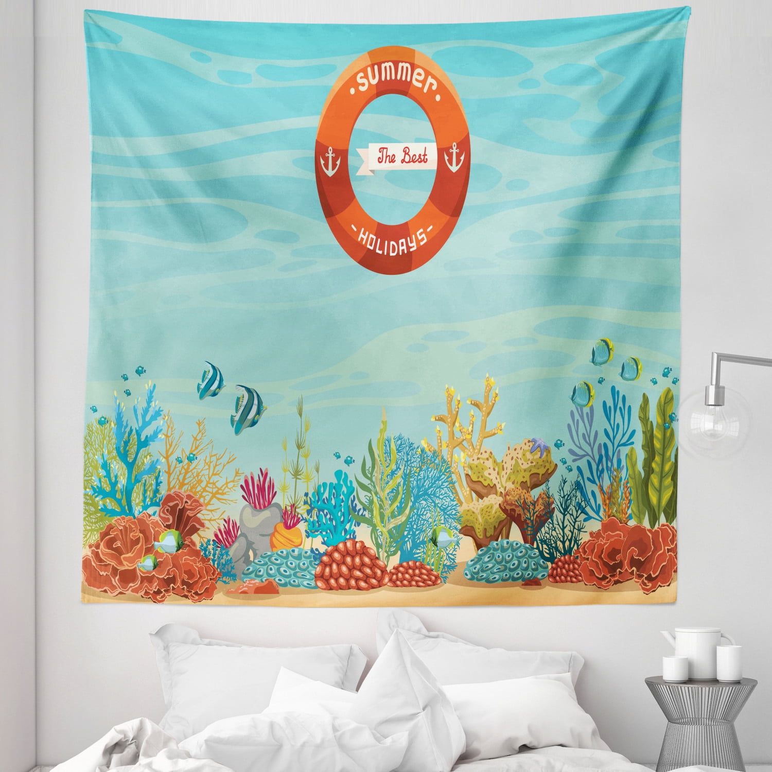Nautical Tapestry, Life over Coral Reef Sea Tropical Ocean Bubbles ...