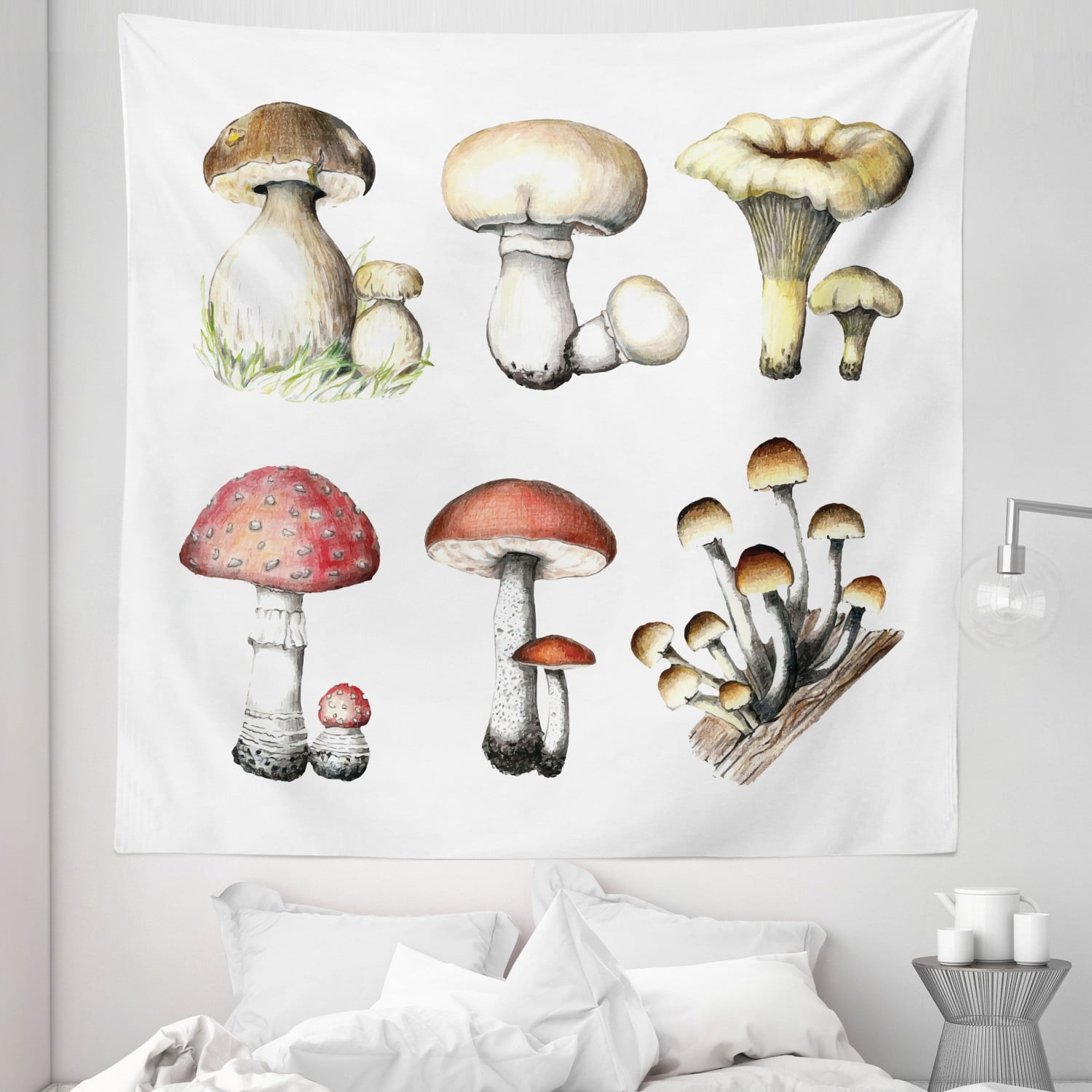 Mushroom Tapestry, Hand Drawn Fungus Pattern Amanita Muscaria Boletus ...