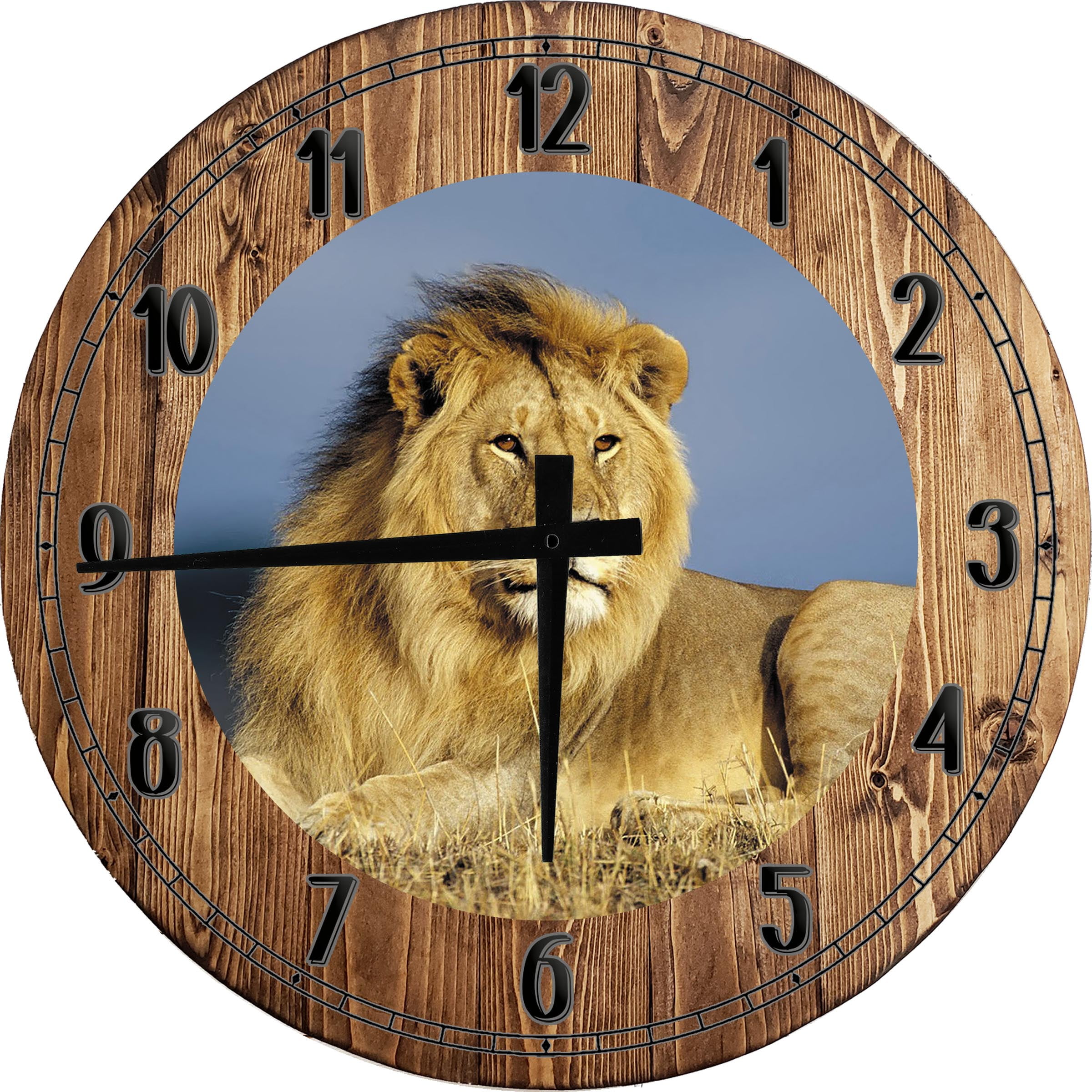 Large Wood Wall Clock 24 Inch Round Lion Wall Art Golden Lion Full Mane ...