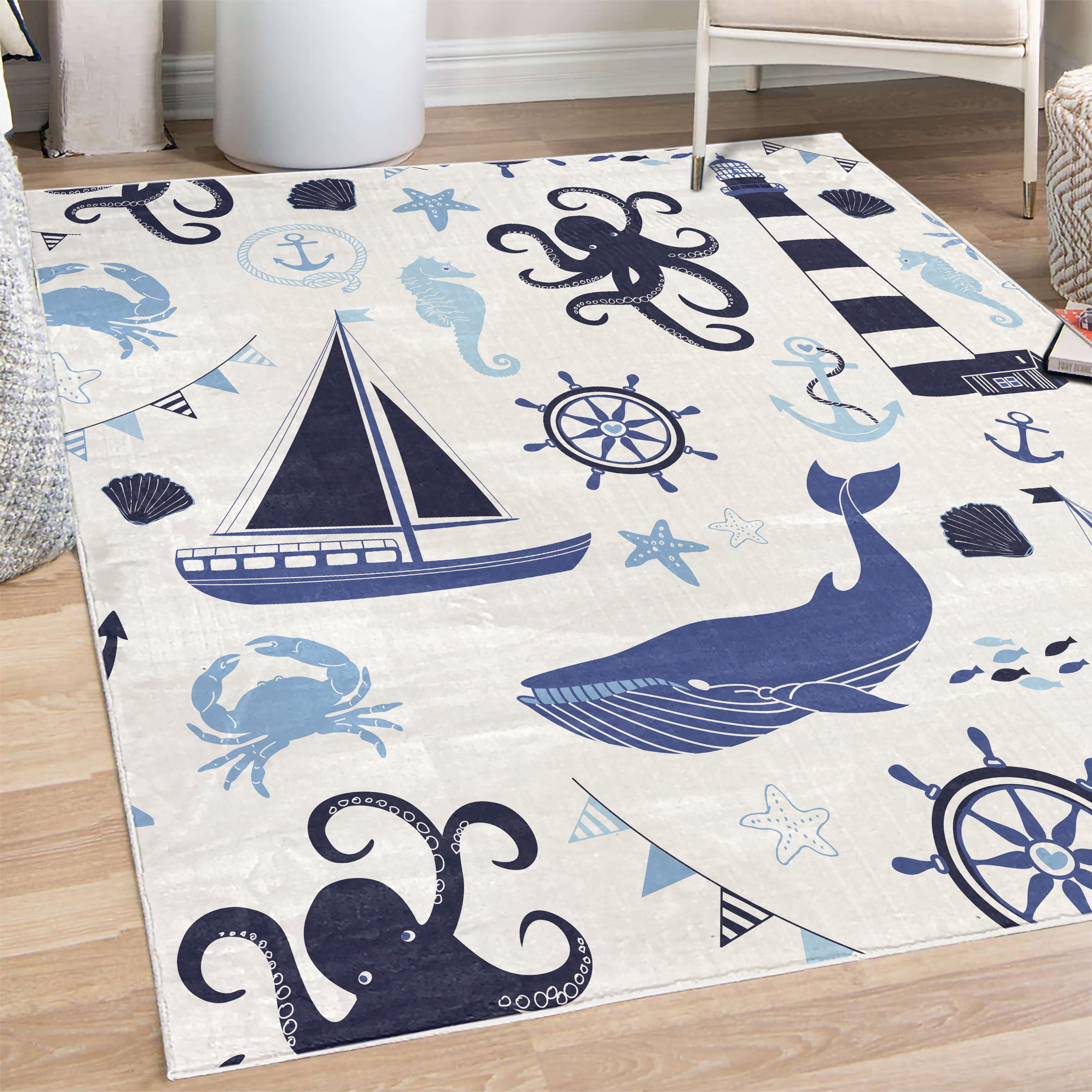 Nautical Decorative Rug, Pastel Colored Composition of Lighthouse ...