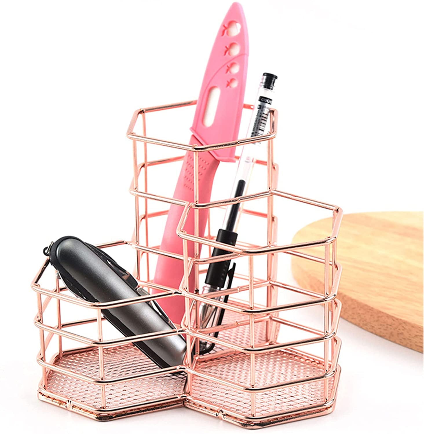 Metal Rose Gold Pencil Holder Triple Mesh Holder Round Iron Metal Pen ...