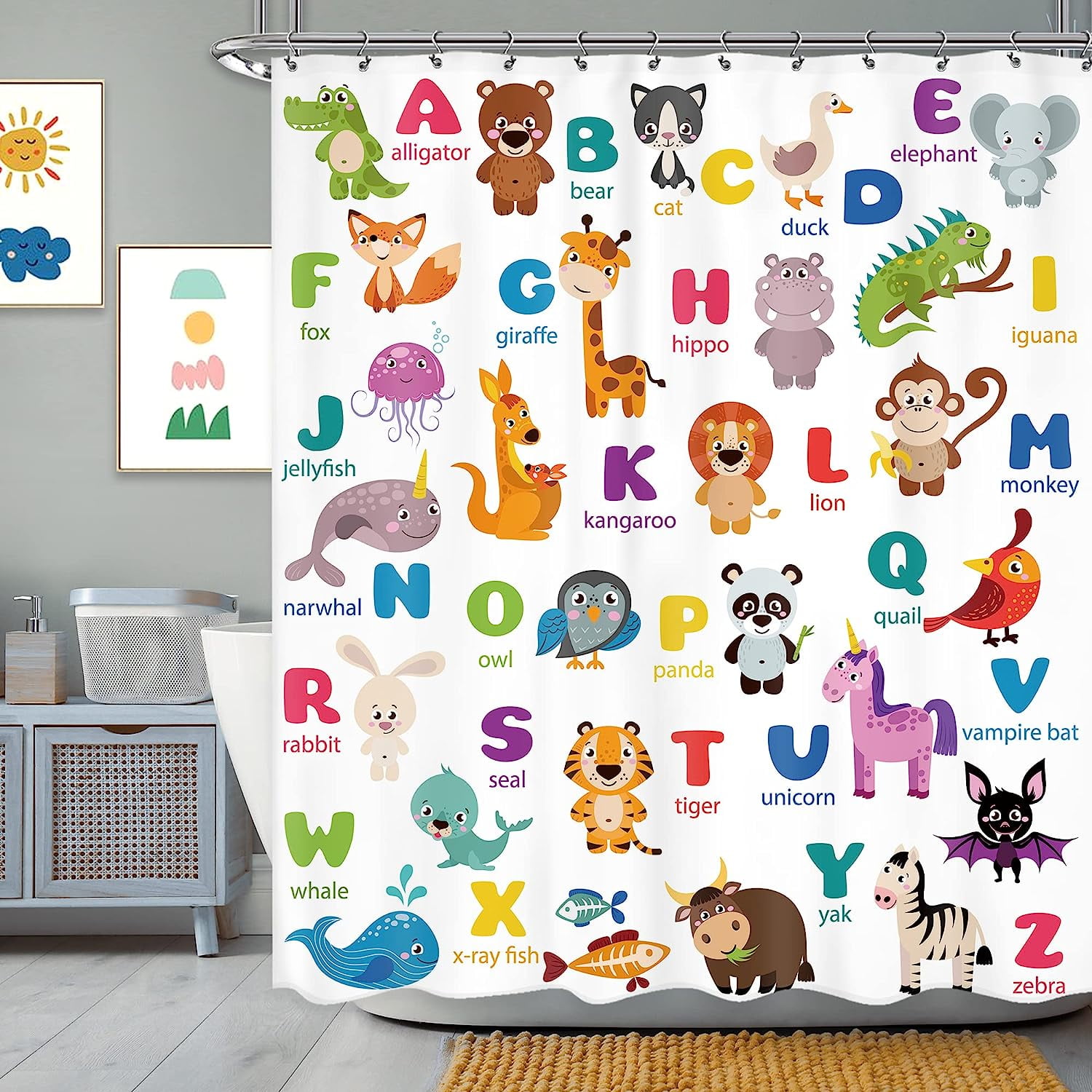 JOOCAR Kids Alphabet Shower Curtain 72Wx72H Inch ABC Educational Baby ...