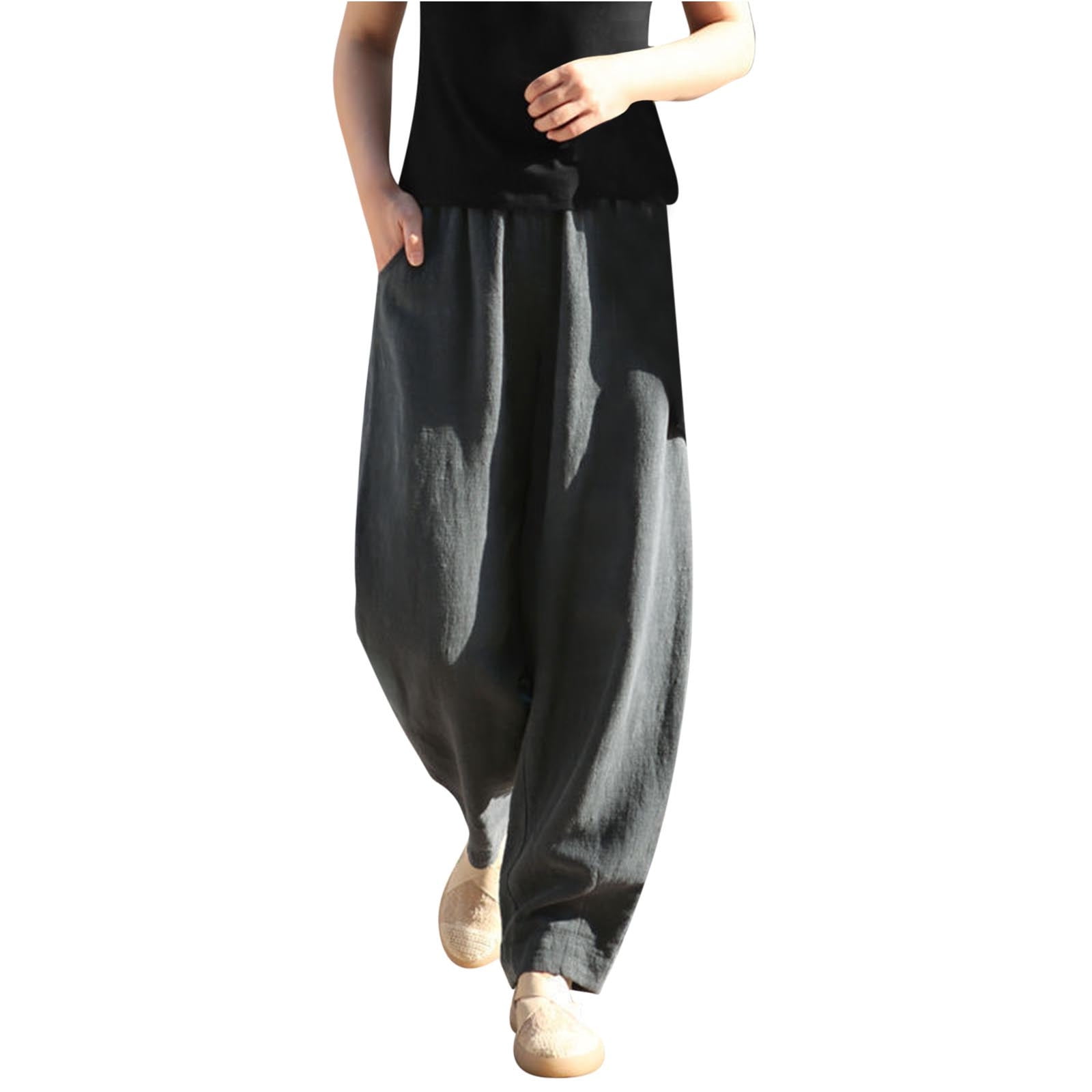 Timegard Plus Size Pants For Women Straight Leg Elastic High Waist Solid Color Lounge Pants With Pockets