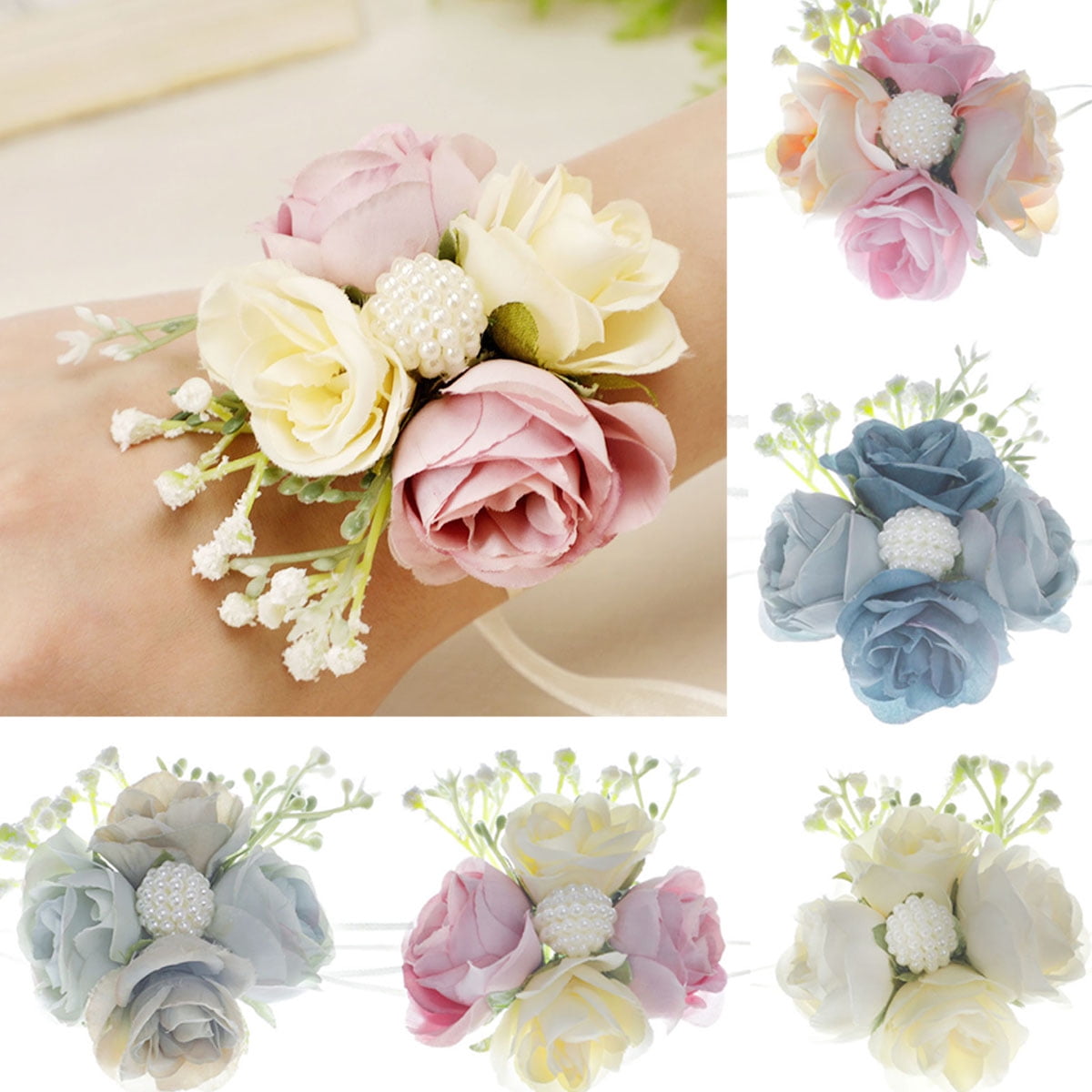 Travelwant Wrist Flower Corsage Champagne Handmade Ribbon Rose Hand ...